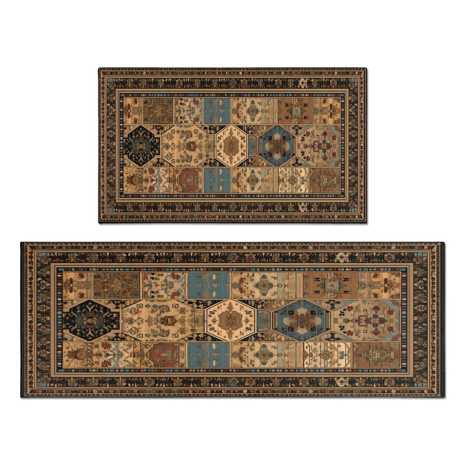 Bohemian Farmhouse Brown-new Kitchen Rugs Set, 17x29 +17x47, Cushioned ...