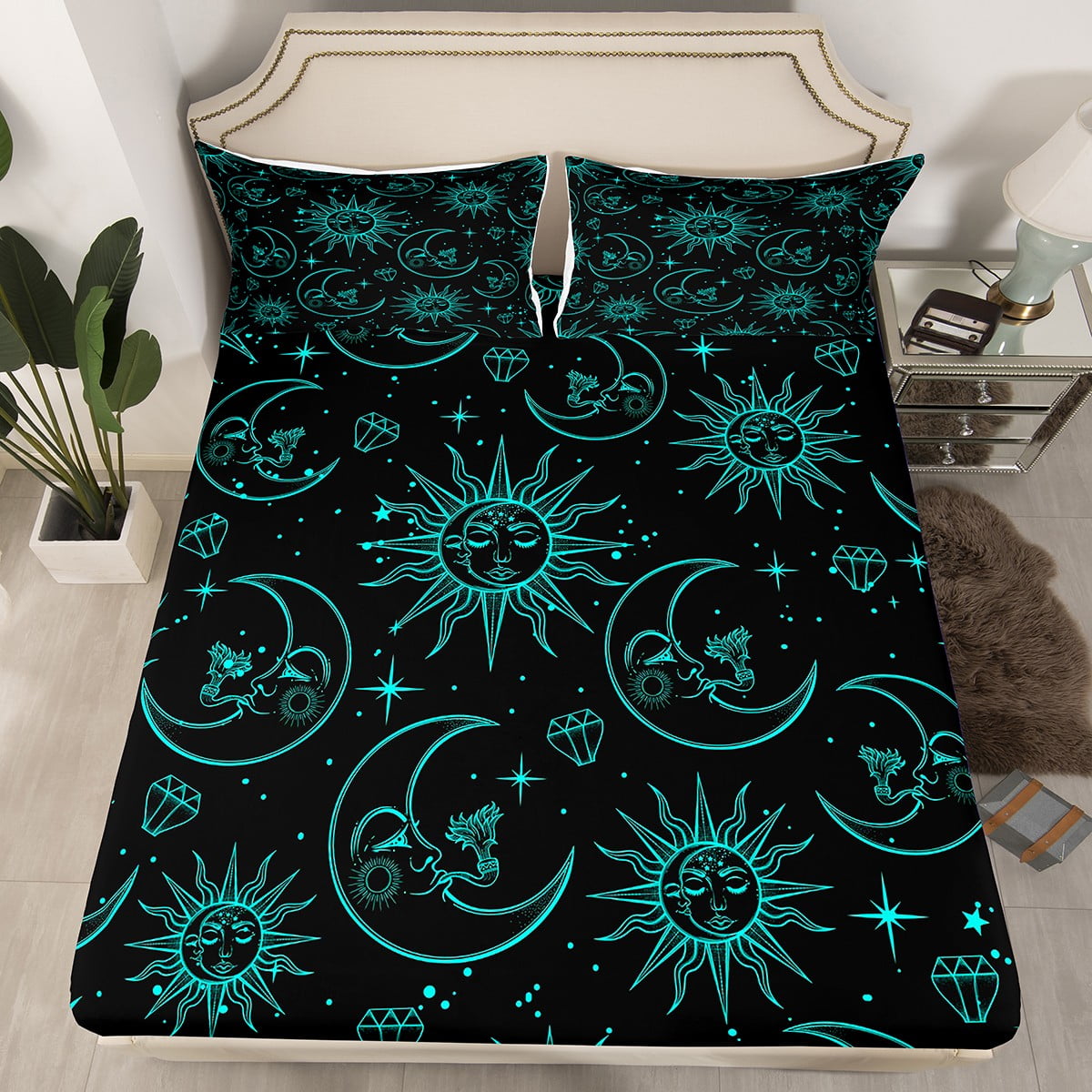 Bohemian Fitted Sheet Sun and Moon Decor Twin Bed Sheets for Girls ...
