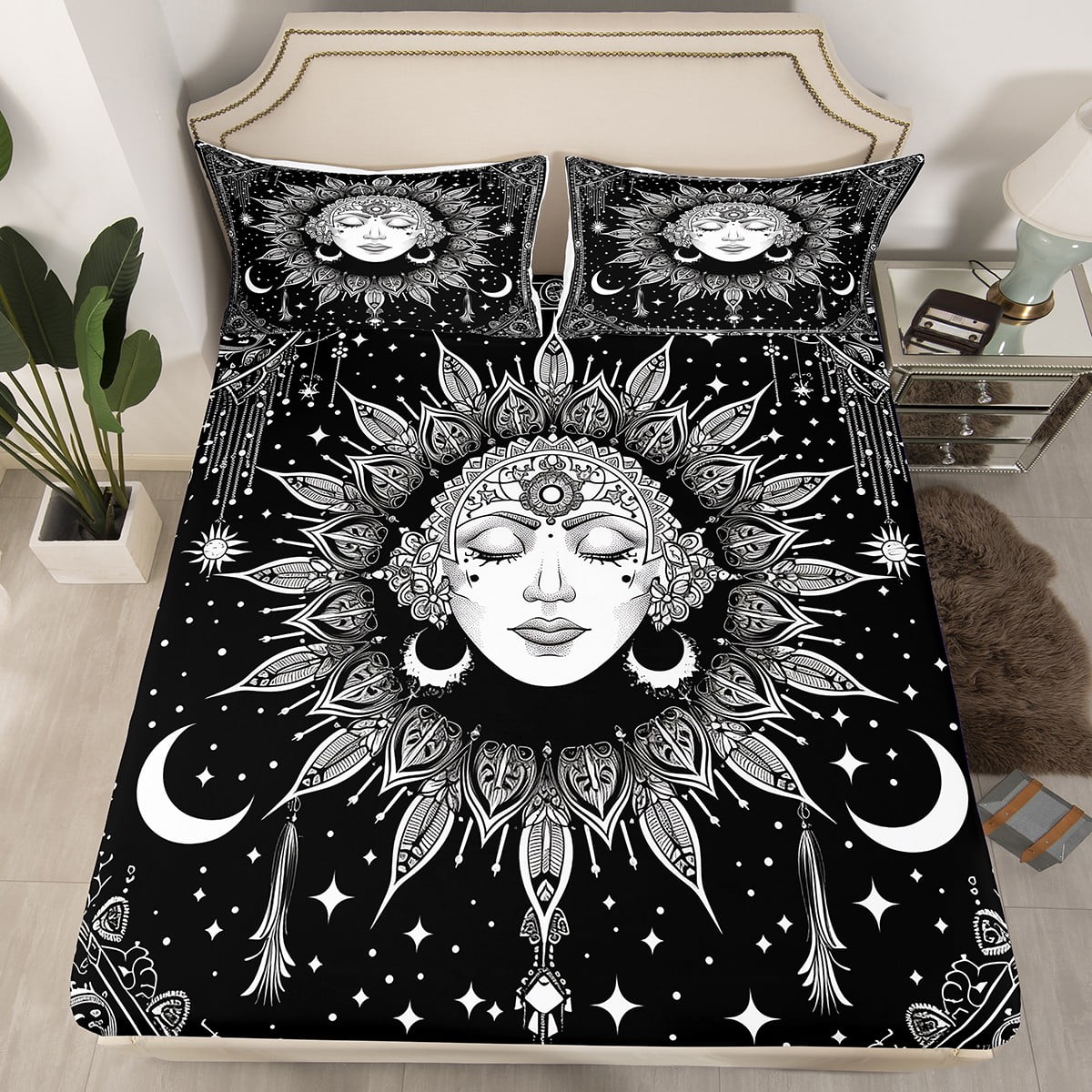 Bohemian Fitted Sheet Sun and Moon Sheets,Black and White Queen Bed ...