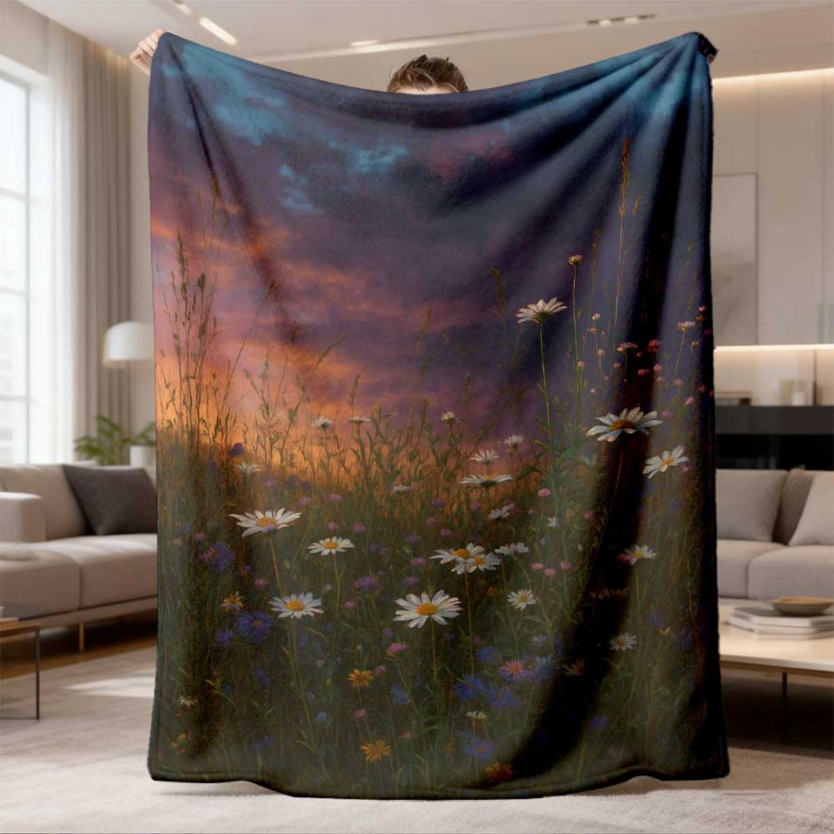 Bohemian Flannel Blanket - Sunset Daisy Field with Daisies & Greenery ...