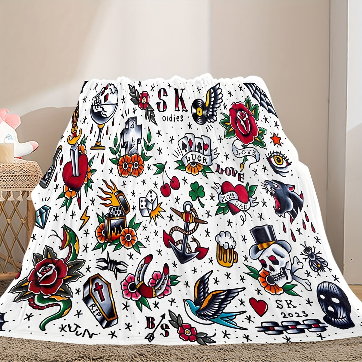 Bohemian Flannel Throw Blanket - Geometric Floral Tattoo Pattern, Soft ...