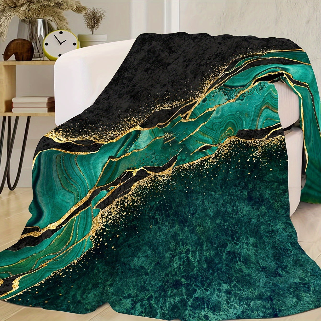 Bohemian Flannel Throw Blanket - Teal Gold Black Marble Print, Soft ...
