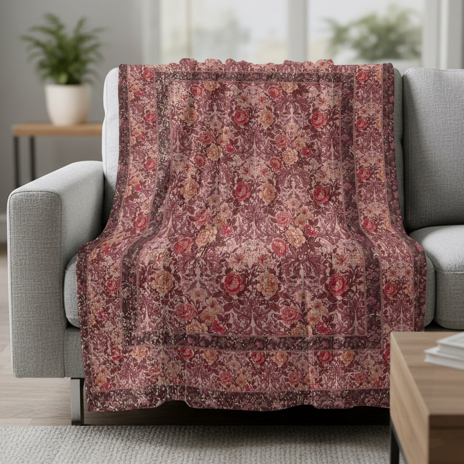 Bohemian Fleece Throw Blanket Dark Red Vintage Flowers Texture ...