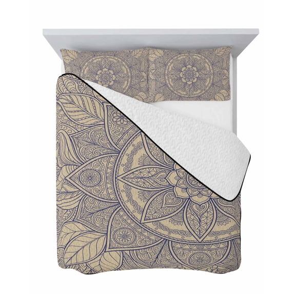 Bohemian Floral 3 Piece Quilt Set Full Size, Blue Beige Geometric ...