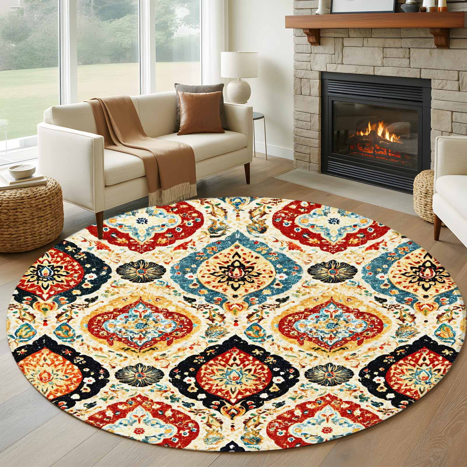 Bohemian Floral 6FT Round Area Rugs for Living Room Abstract Moroccan ...