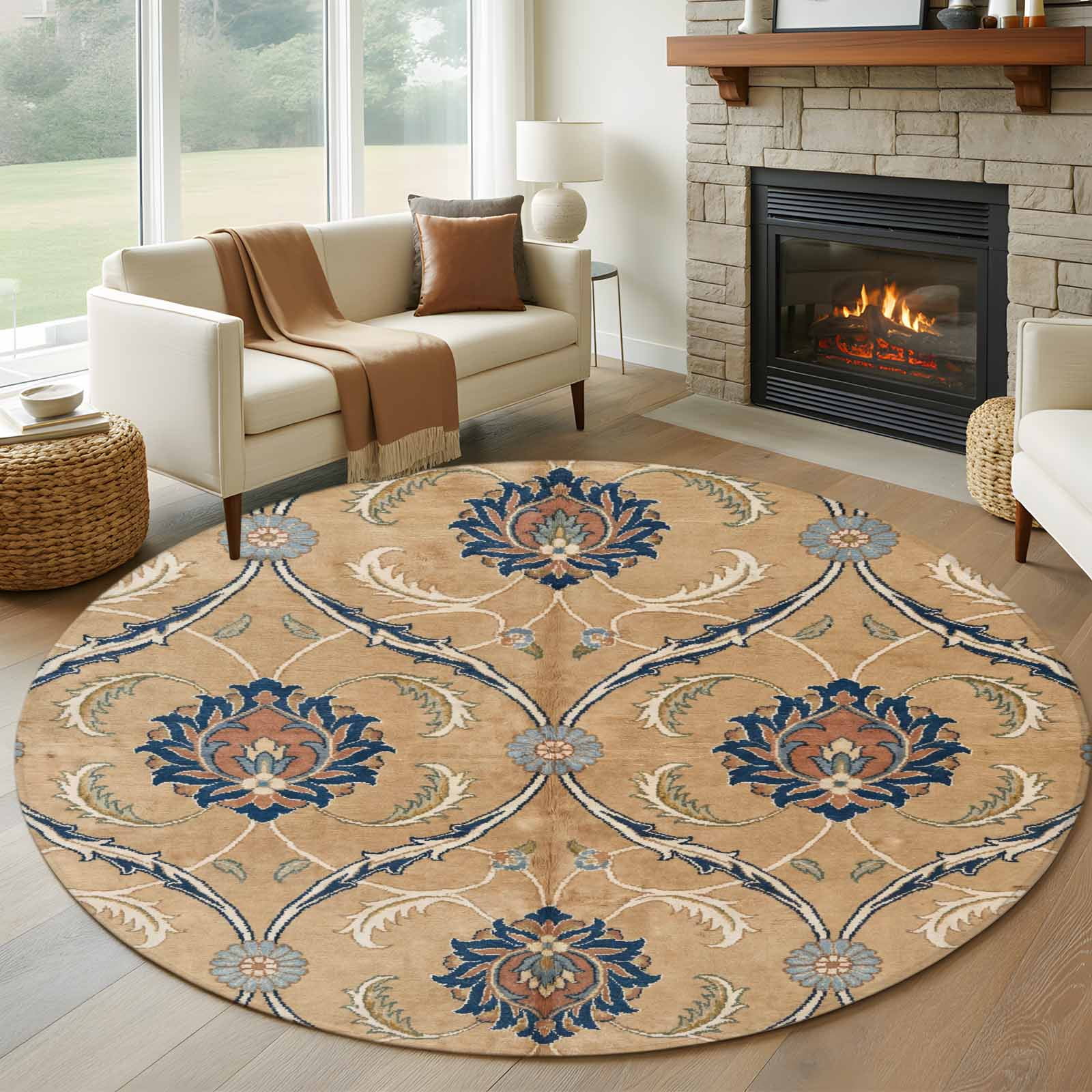 Bohemian Floral 6FT Round Area Rugs for Living Room Vintage Retro Brown ...