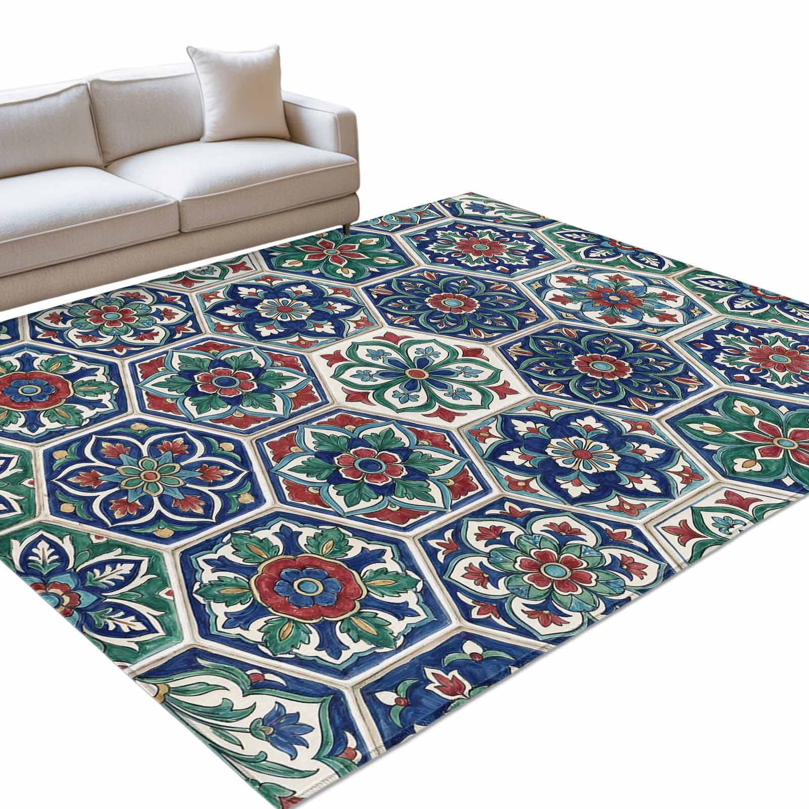 Bohemian Floral Area Rug, Boho Tribal Ethnic Abstract Flower Geometric ...