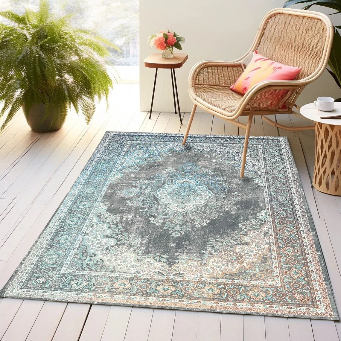 Bohemian Floral Area Rug Vintage Entry Rug Turkish Rug Non-Slip ...