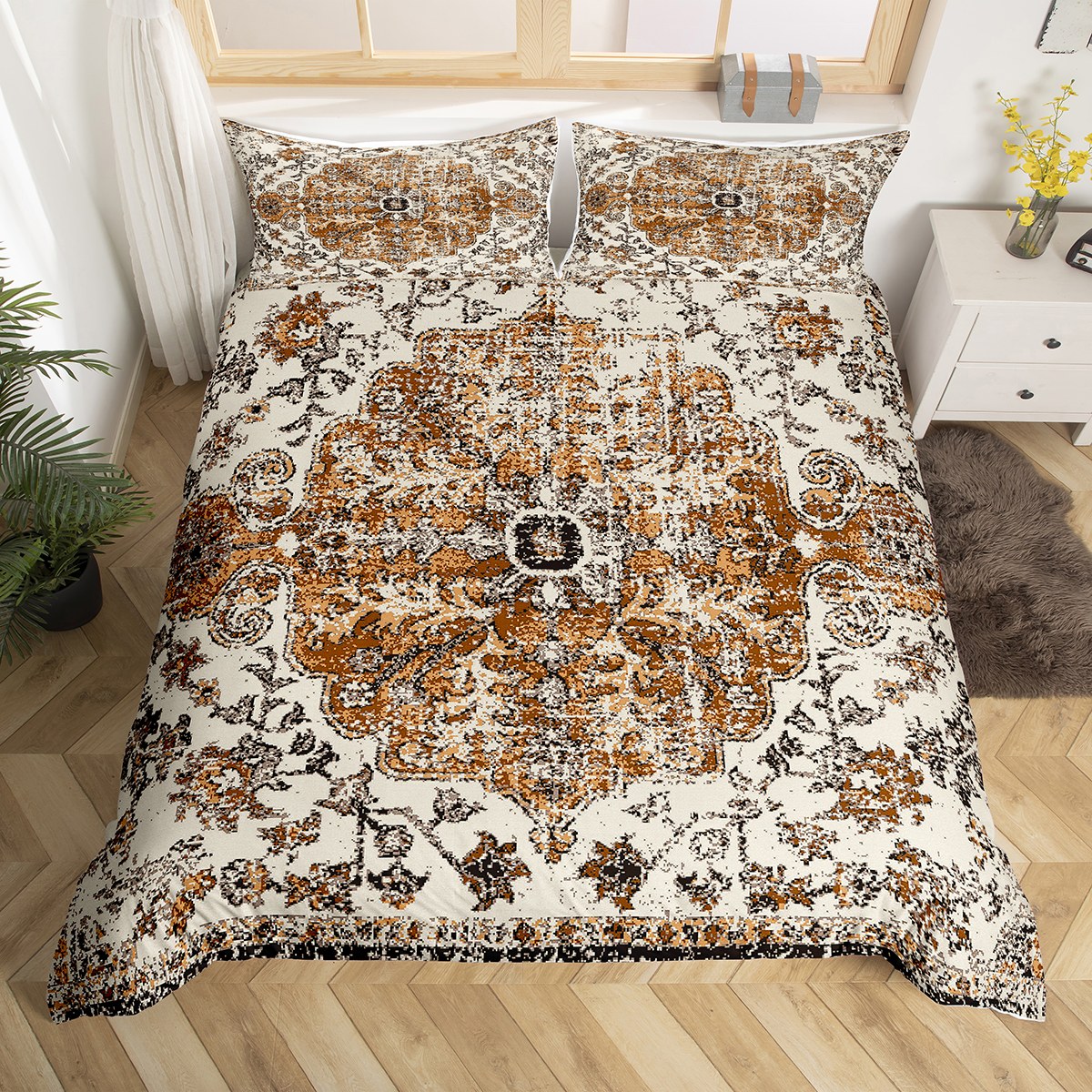 Bohemian Floral Bedding Set Twin Ethnic Retro Duvet Cover Orange Grey ...