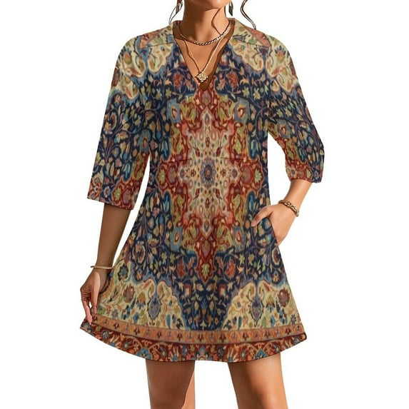 Bohemian Floral Bird Womens Dress With Pockets Summer V Neck 3/4 Sleeve ...