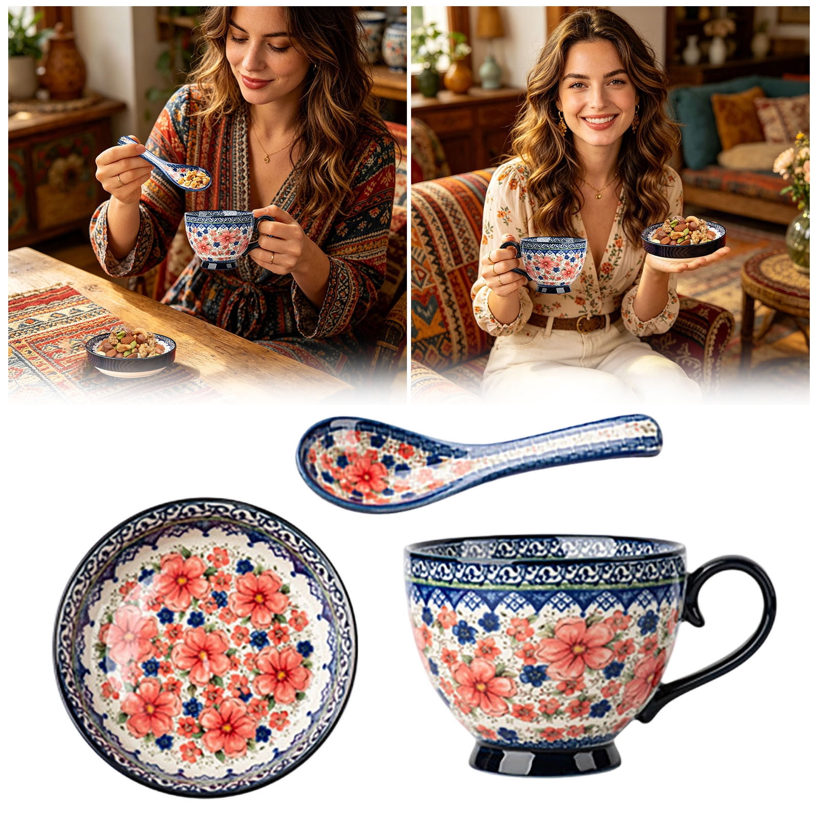 Bohemian Floral Ceramic Coffee Mug with Lid & Spoon 6.2" Hand Polish ...