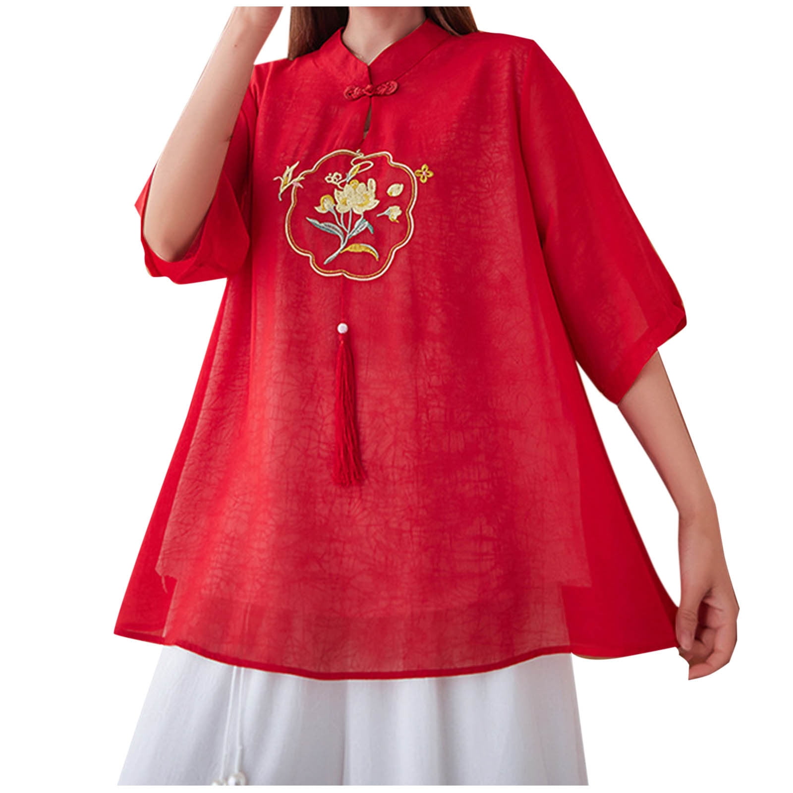 Bohemian Floral Embroidery Top - Women's Cotton-Linen Chinese Collar ...