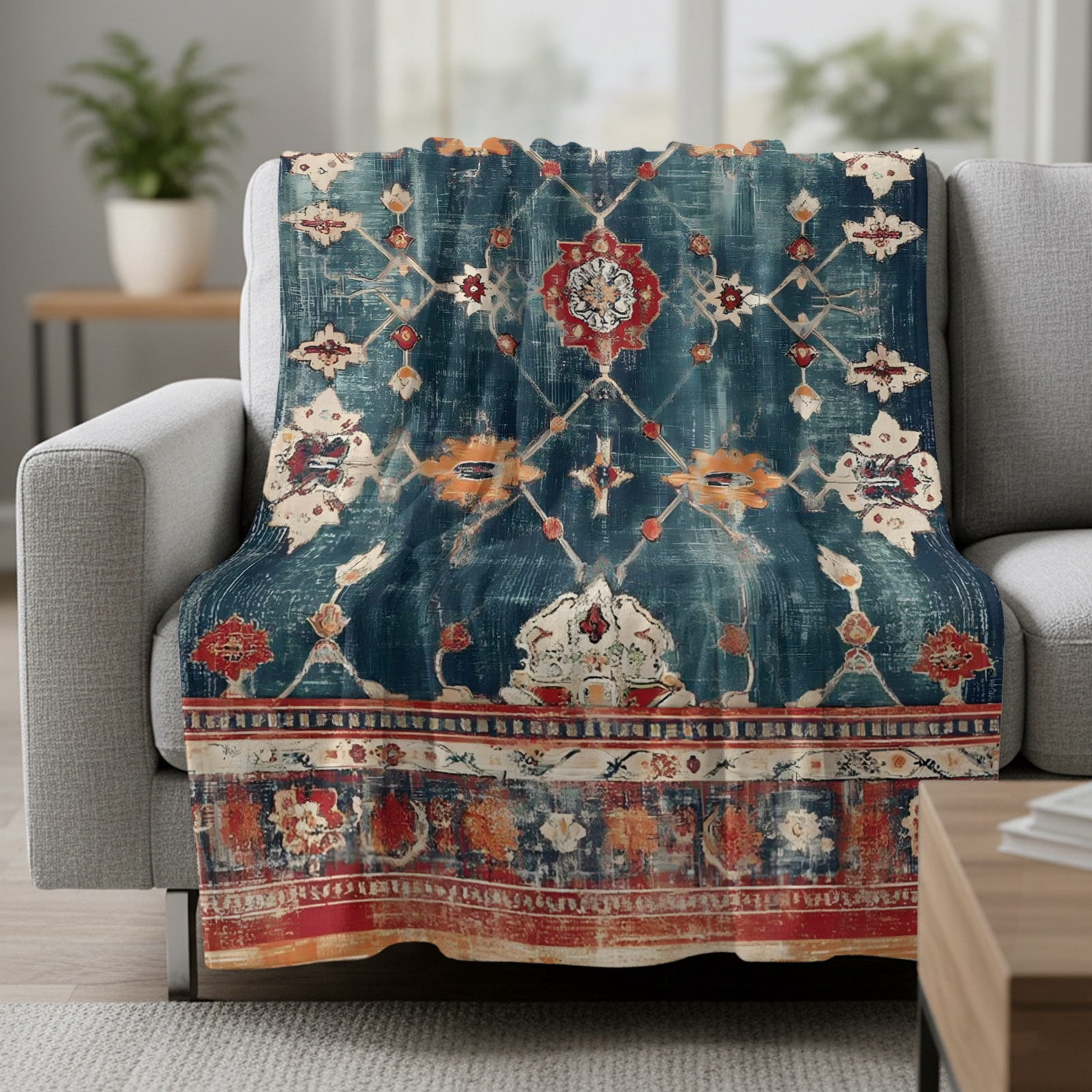 Bohemian Floral Fleece Throw Blanket Green Red Ethnic Flower Geometric ...