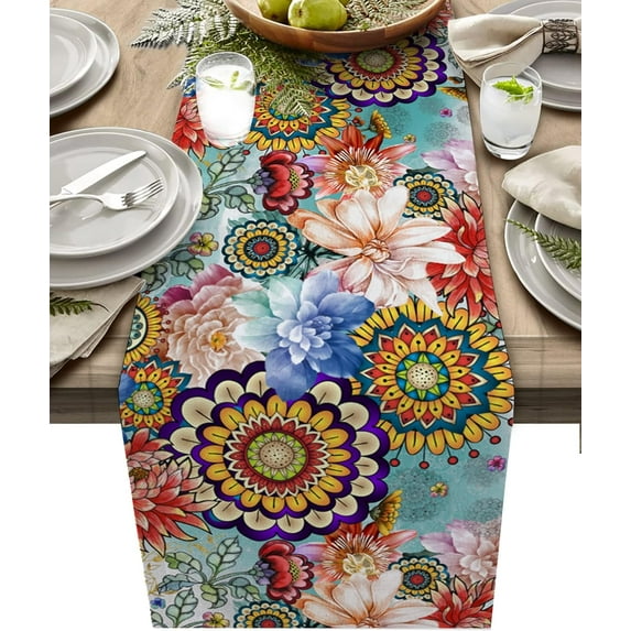 Bohemian Floral Mandala Flower Plant Linen Table Runners Dresser Scarf ...