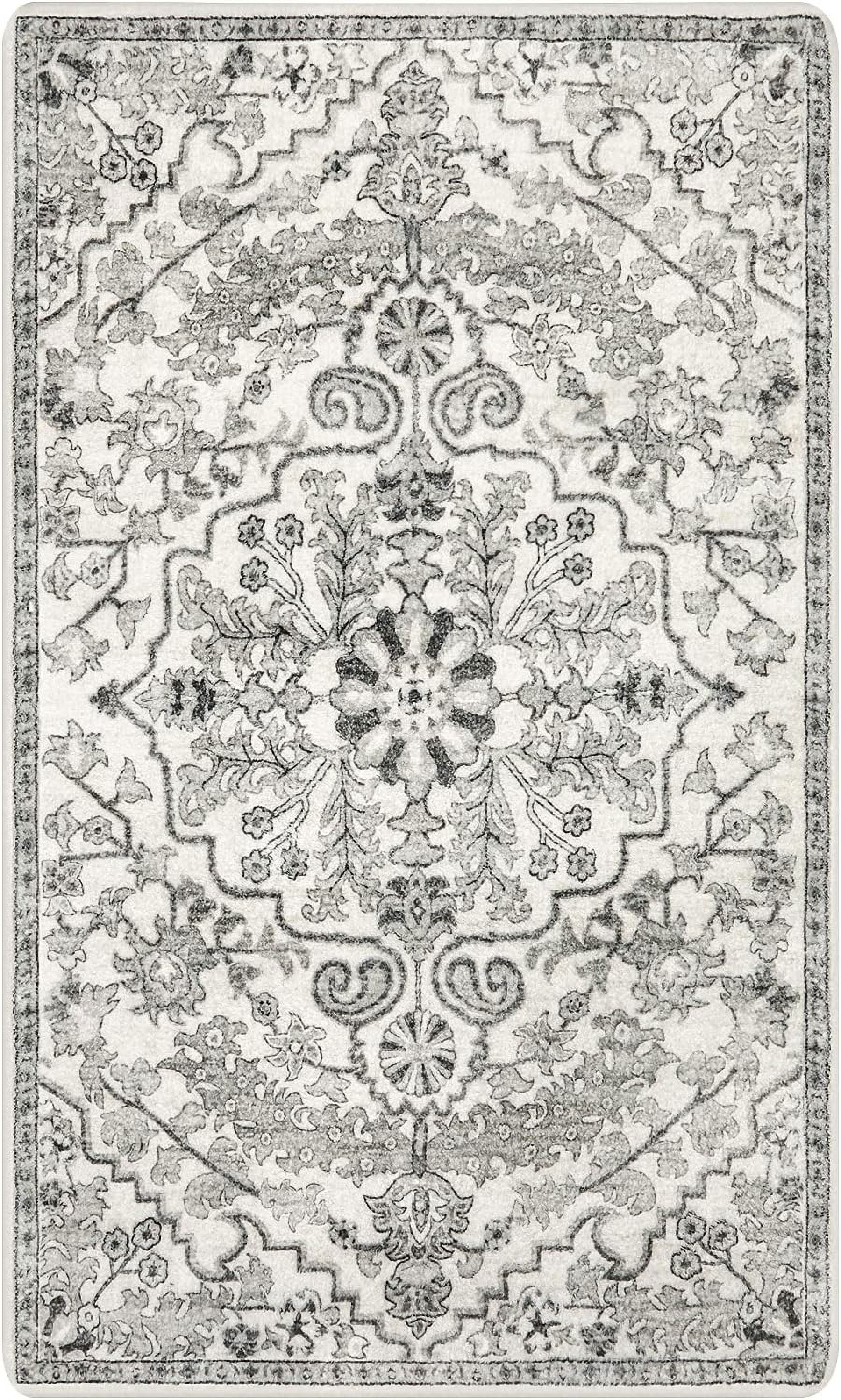 Bohemian Floral Medallion Area Rug - 3x5 Beige Washable Entryway Rug ...