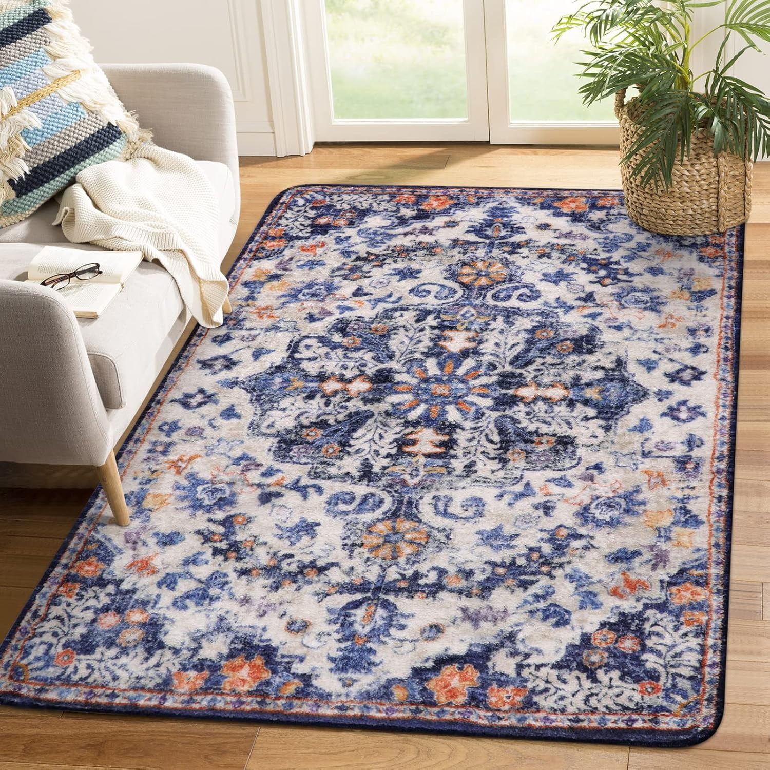 Bohemian Floral Medallion Area Rug - 4x6 Blue Washable Living Room Rug ...
