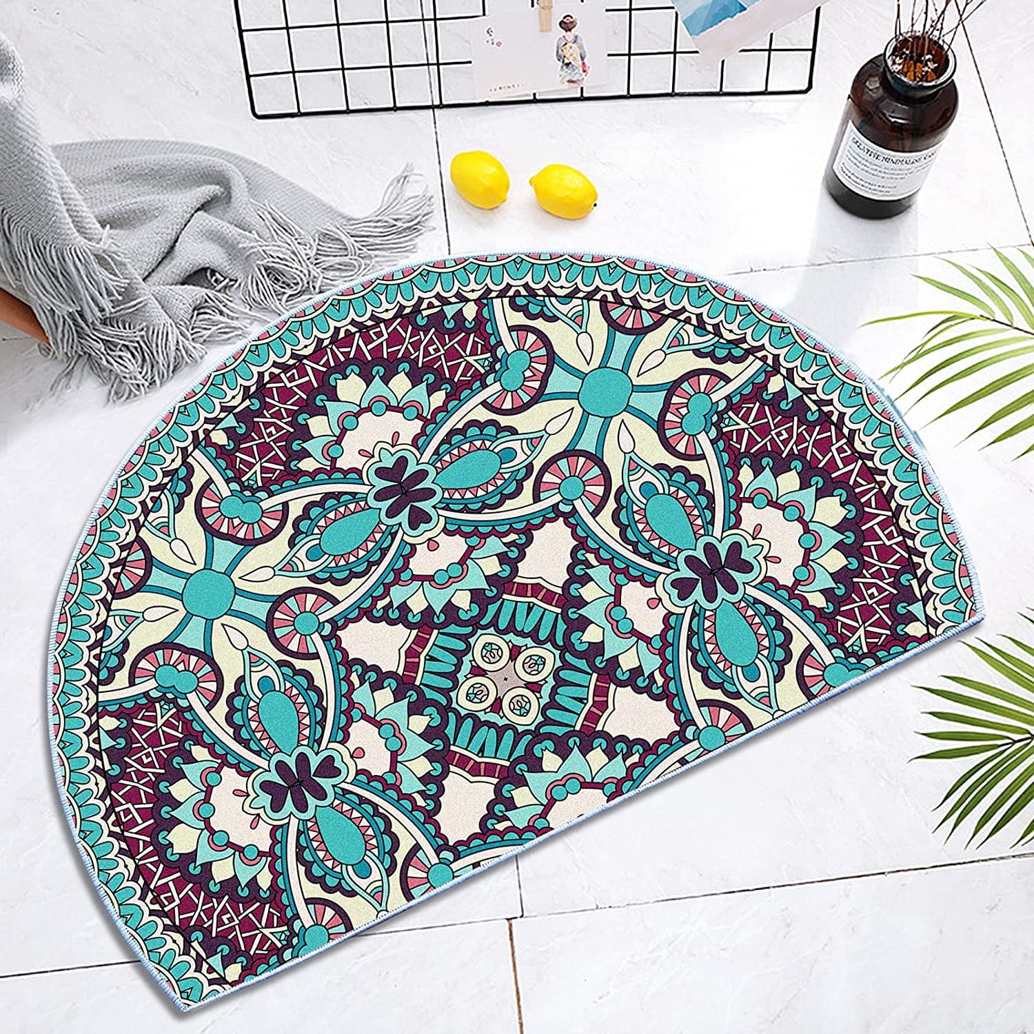 Bohemian Floral Moroccan Mandala Half Round Door Mat Bath Mat Half ...