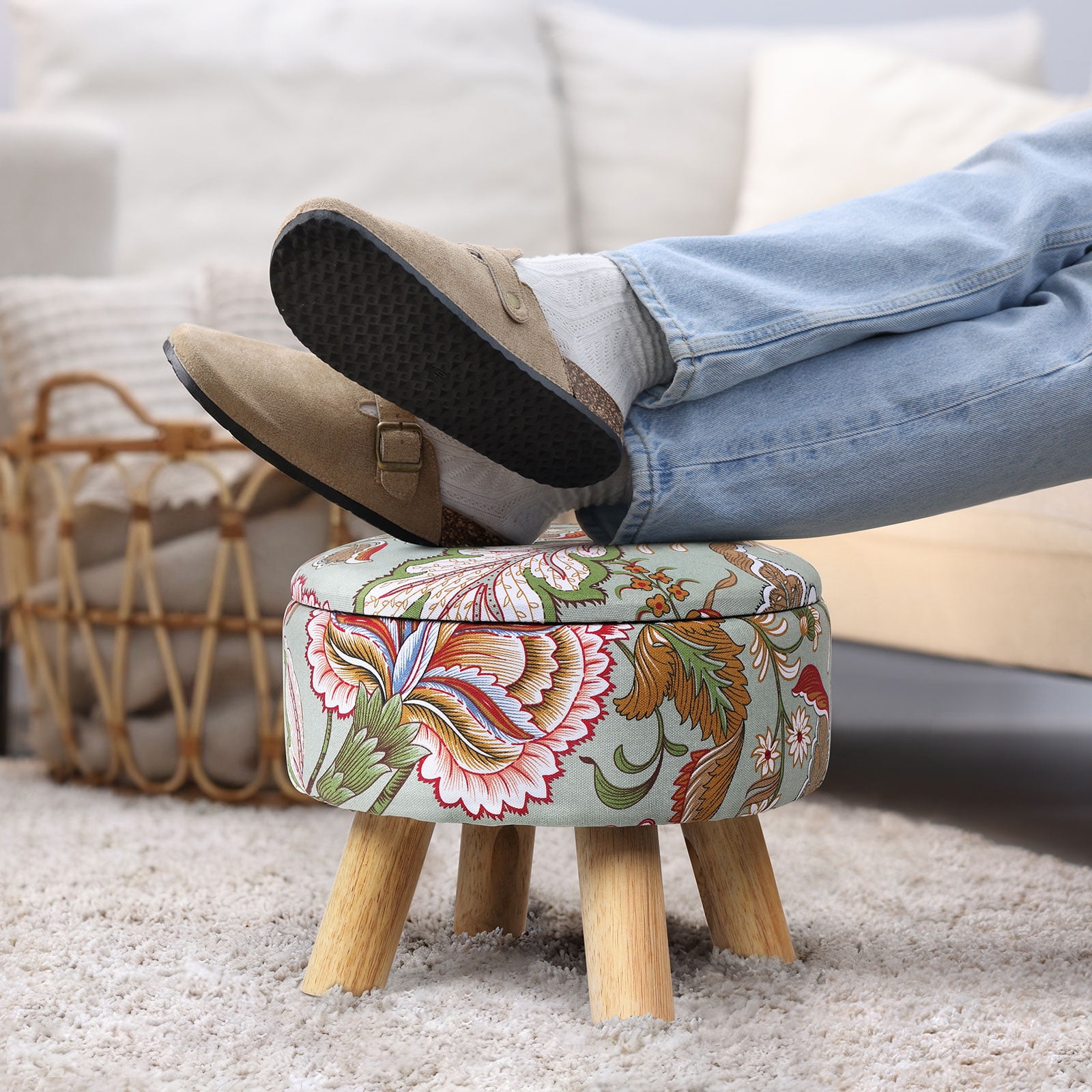 Bohemian Floral Ottoman Stool with Storage, Round Footrest Pouf with ...