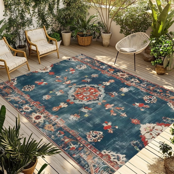 Bohemian Floral Outdoor Rug, Green Red Traditional Ethnic Flower ...