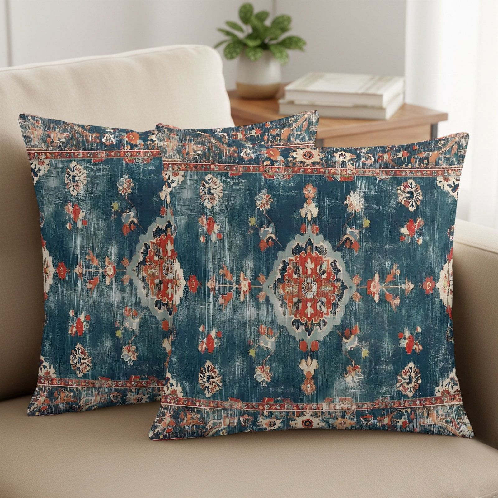 Bohemian Floral Pillow Covers Set of 2, Green Red Traditional Ethnic ...