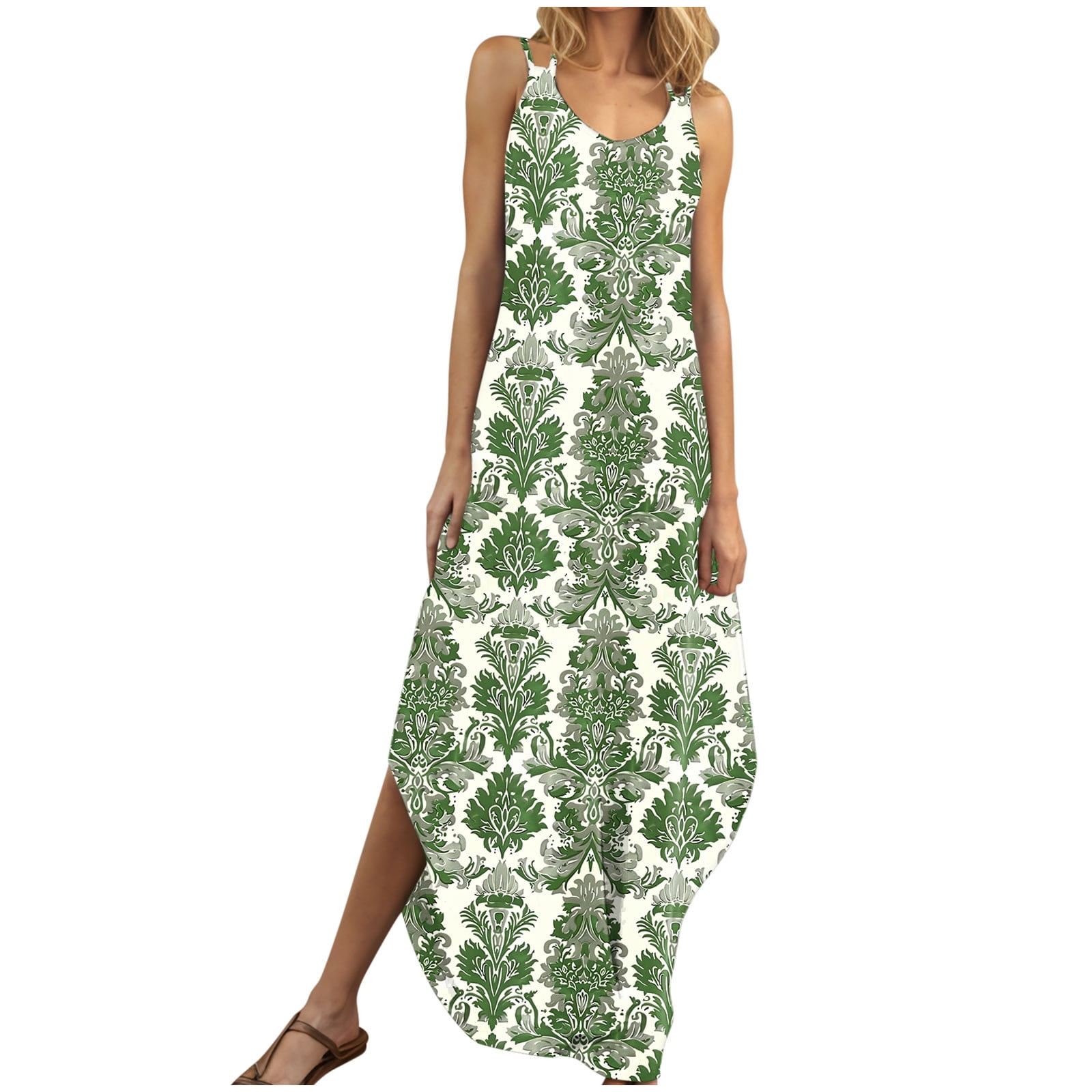 Bohemian Floral Printed Summer Dress for Women Casual Side Split Maxi ...