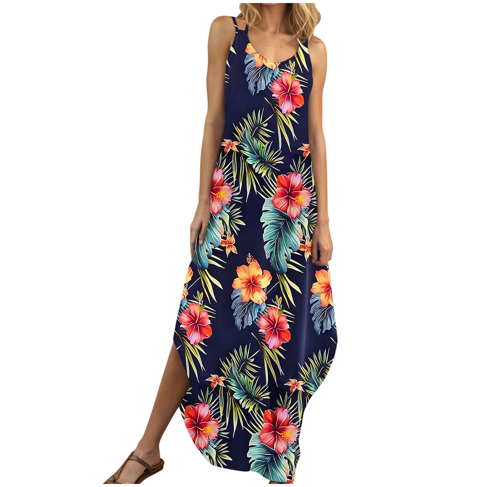 Bohemian Floral Printed Summer Dress for Women Casual Side Split Maxi ...