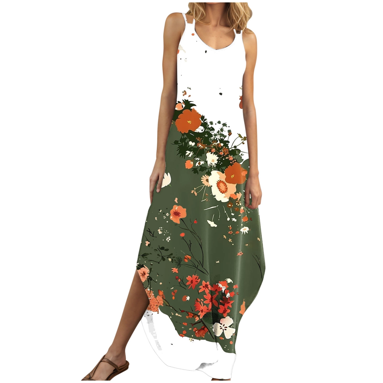 Bohemian Floral Printed Summer Dress for Women Casual Side Split Maxi ...