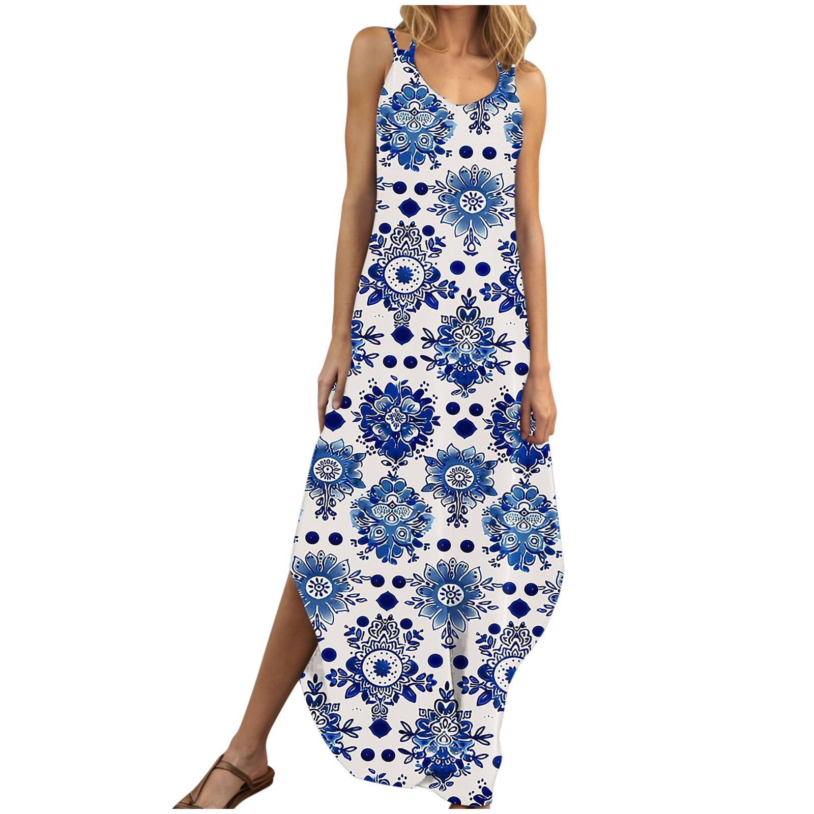 Bohemian Floral Printed Summer Dress for Women Casual Side Split Maxi ...