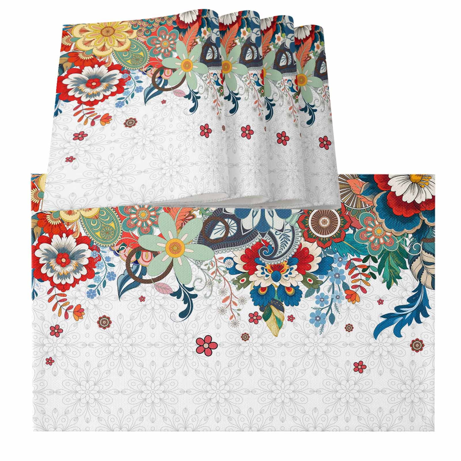 Bohemian Floral Retro Abstract Flowers Boho Ethnic Burlap Kitchen Place ...