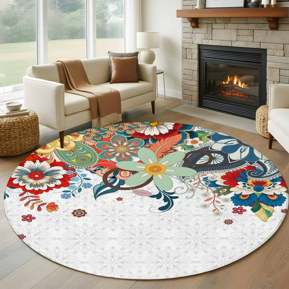 Bohemian Floral Round Rug 5ft Washable Circle Kitchen Rugs Non Slip ...