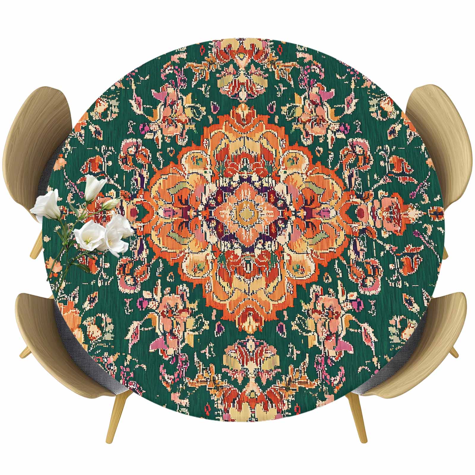 Bohemian Floral Round Tablecloth 45-54 Inch Round Fitted Table Cloth ...
