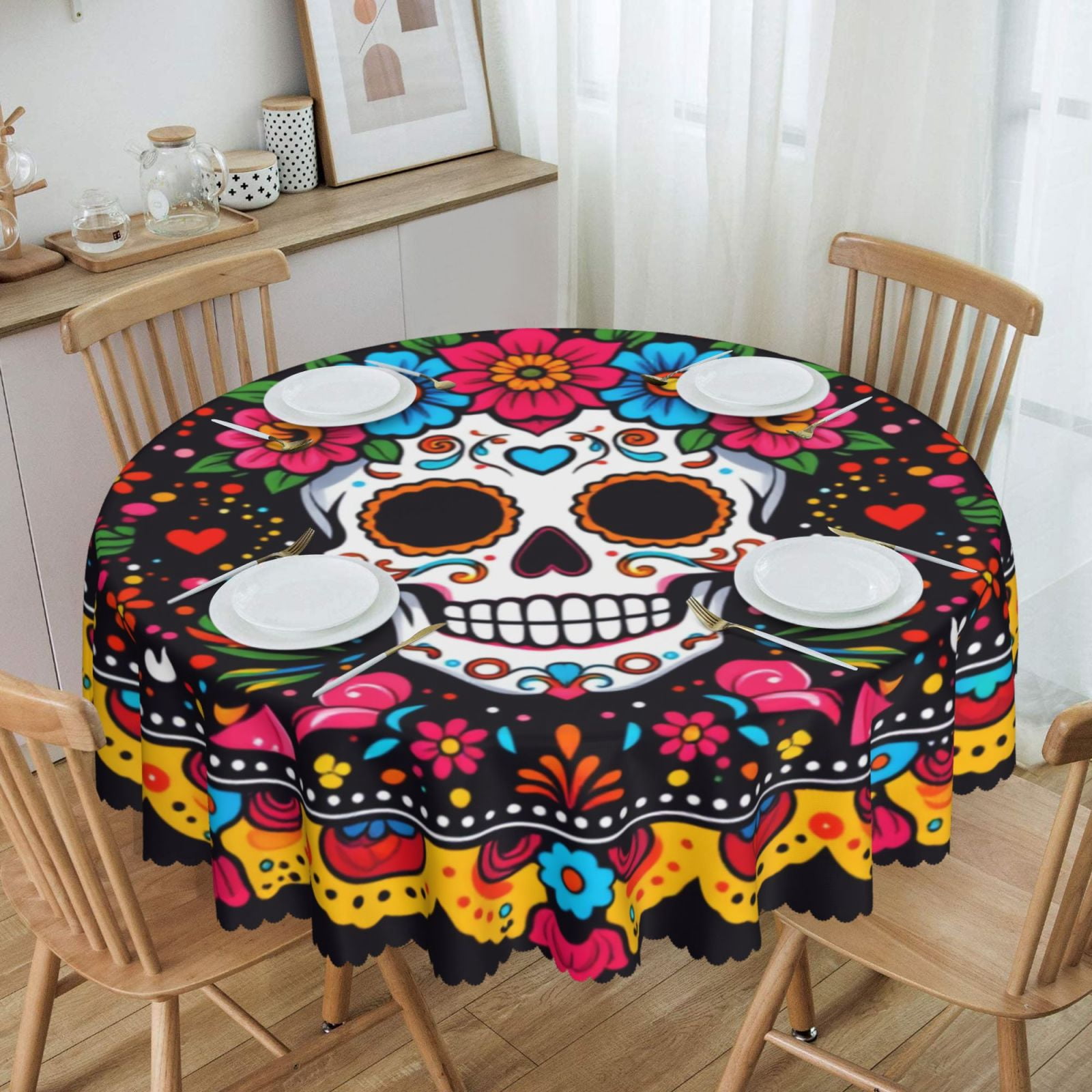 Bohemian Floral & Skull Round Tablecloth Waterproof Oil Proof Spill ...
