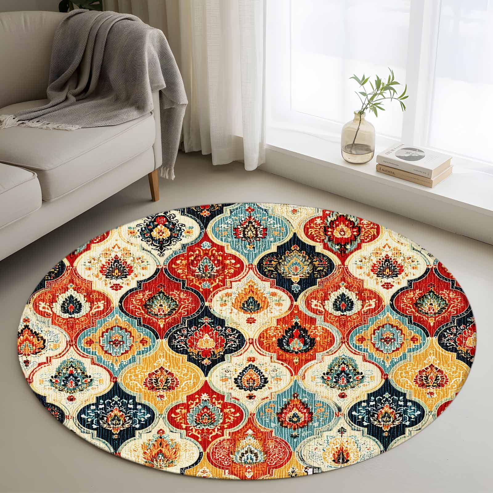 Bohemian Floral Small Round Rug 3Ft Moroccan Exotic Colored Floral Area ...