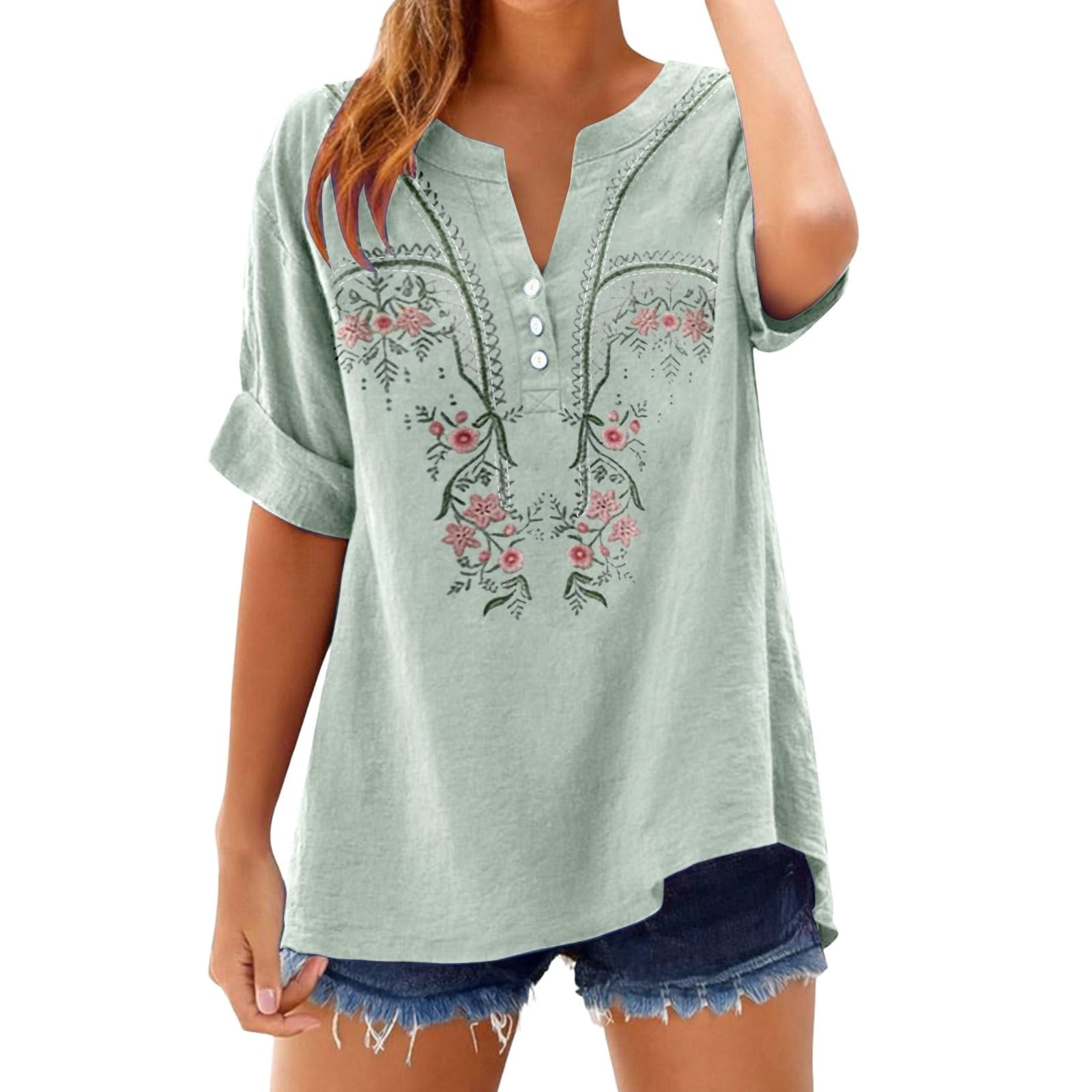 Bohemian Floral Tunic for Women Casual Embroidered Style V Neck ...