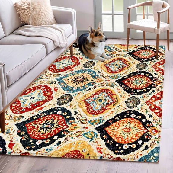 Bohemian Floral Washable Area Rug 4x6 Abstract Moroccan Ethic Tribal ...