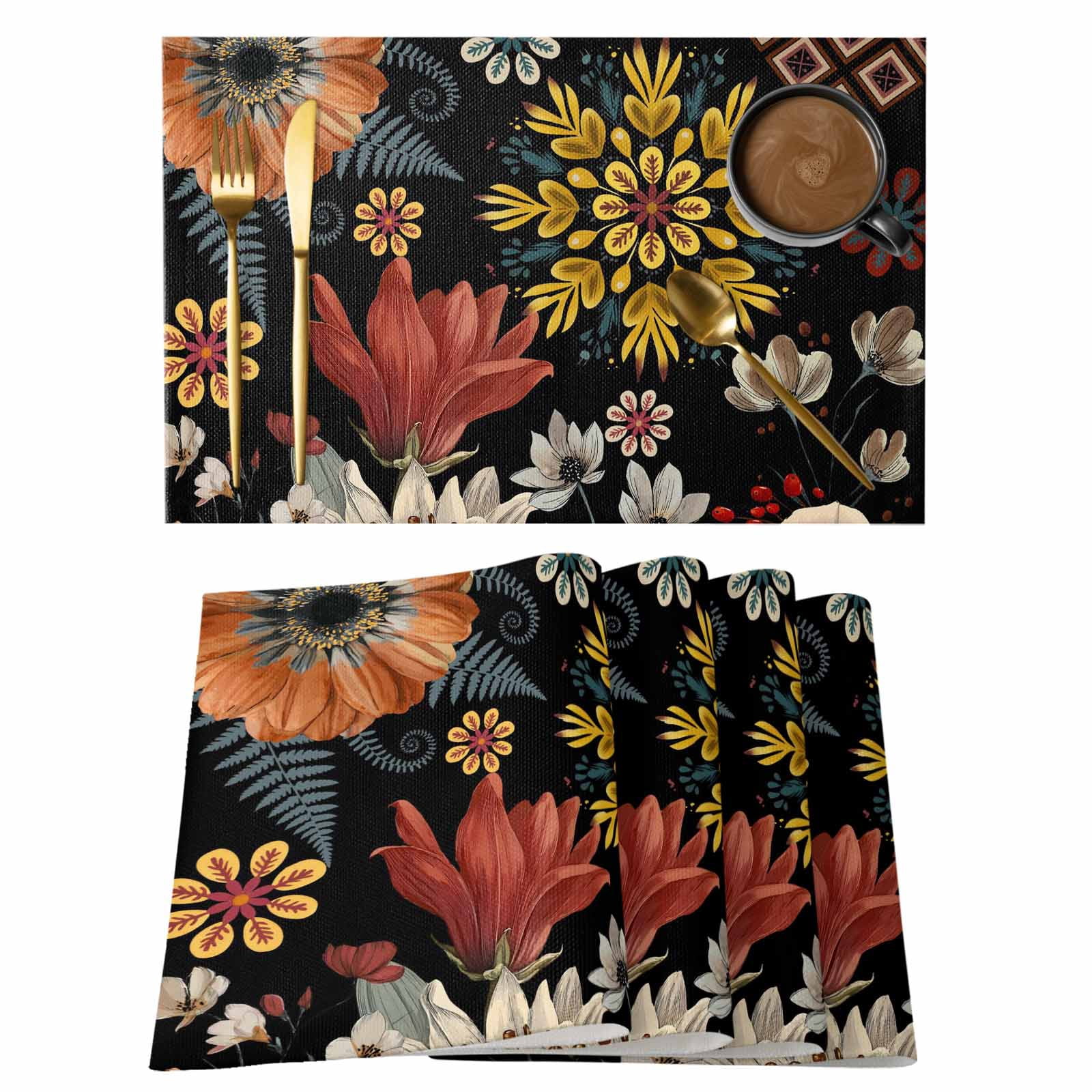 Bohemian Flower Cotton Linen Placemats Set of 1, Retro Yellow Red Beige ...