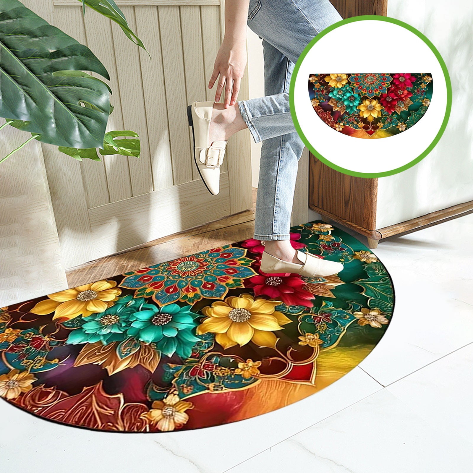 Bohemian Flower Half Round Door Mat, Non-Slip Entrance Welcome Mat for ...