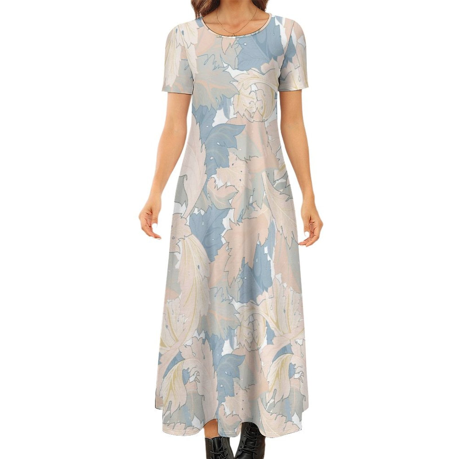 Bohemian Flower Maxi Dress for Women Crew Neck Beach Dress Short Sleeve ...