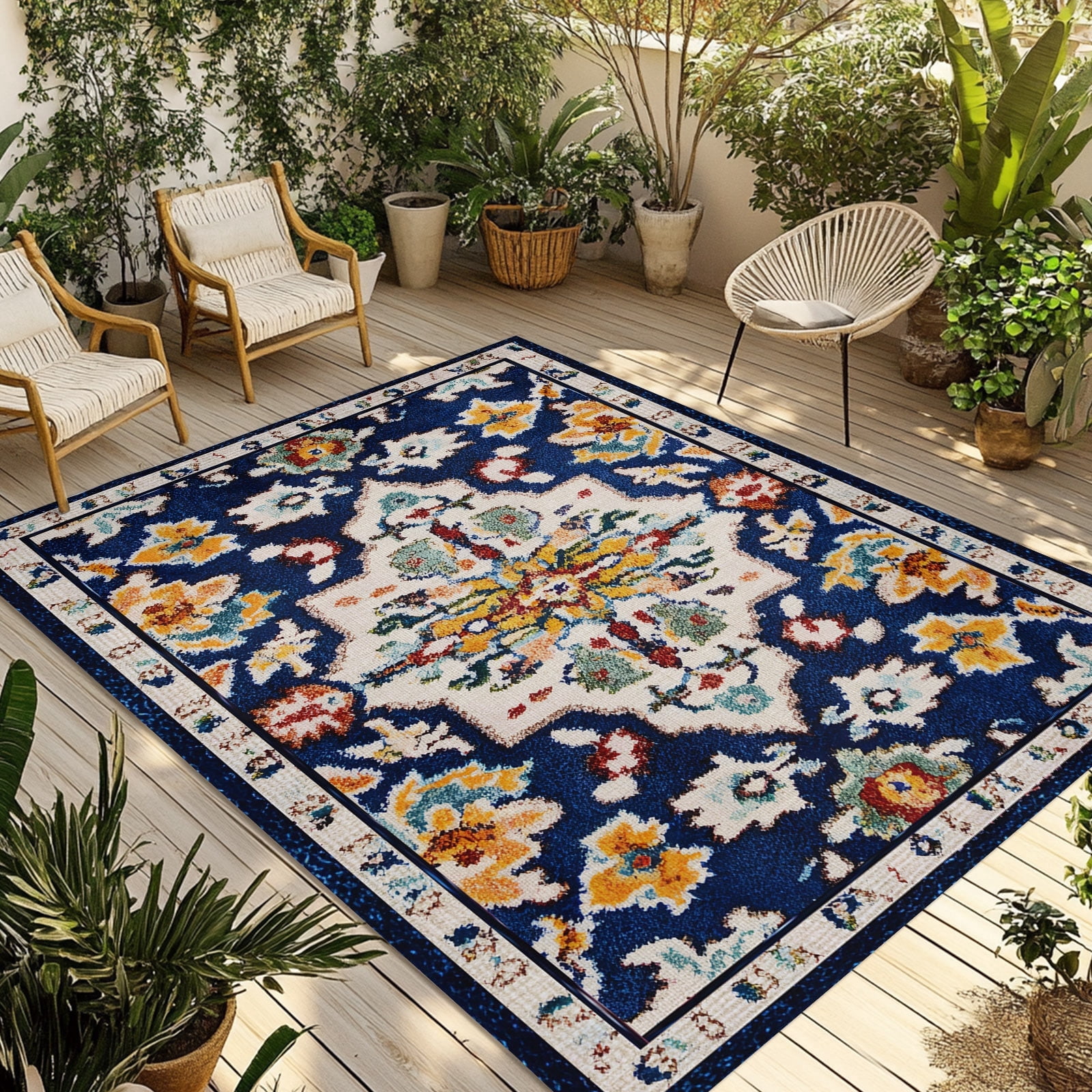 Bohemian Flower Outdoor Rug, Vintage Boho Ethnic Tribal Floral Leaf ...