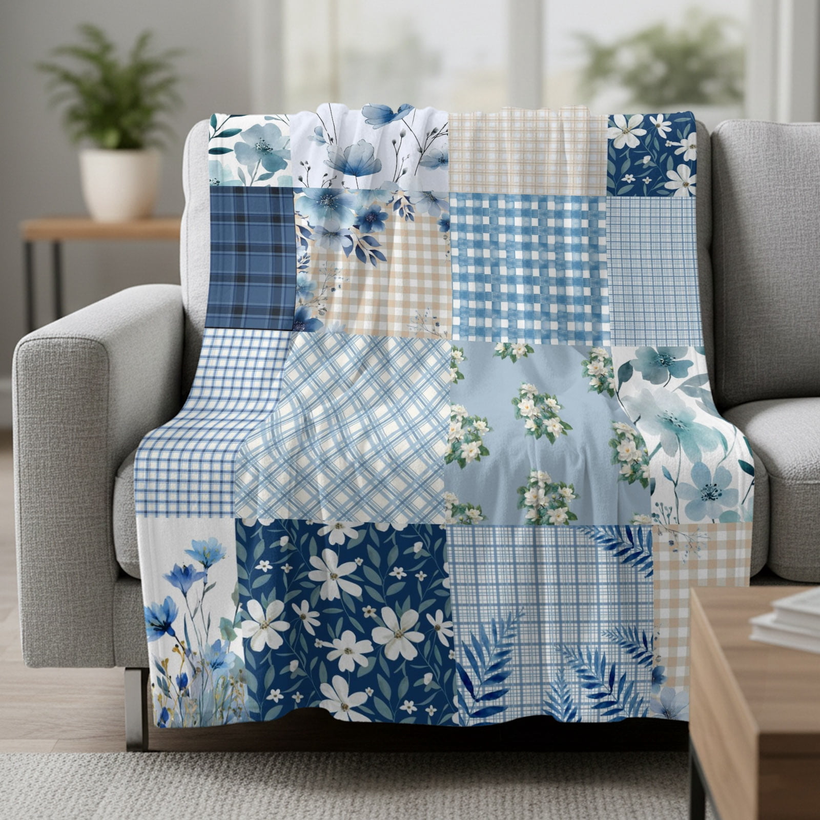 Bohemian Flower Patchwork Fleece Throw Blanket Spring Vintage Blue Boho ...