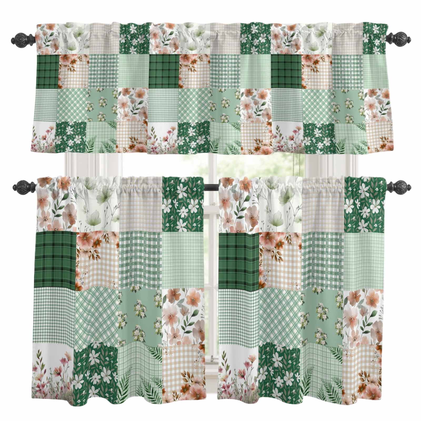 Bohemian Flower Patchwork Kitchen Curtains Valances and Tiers 3pcs ...