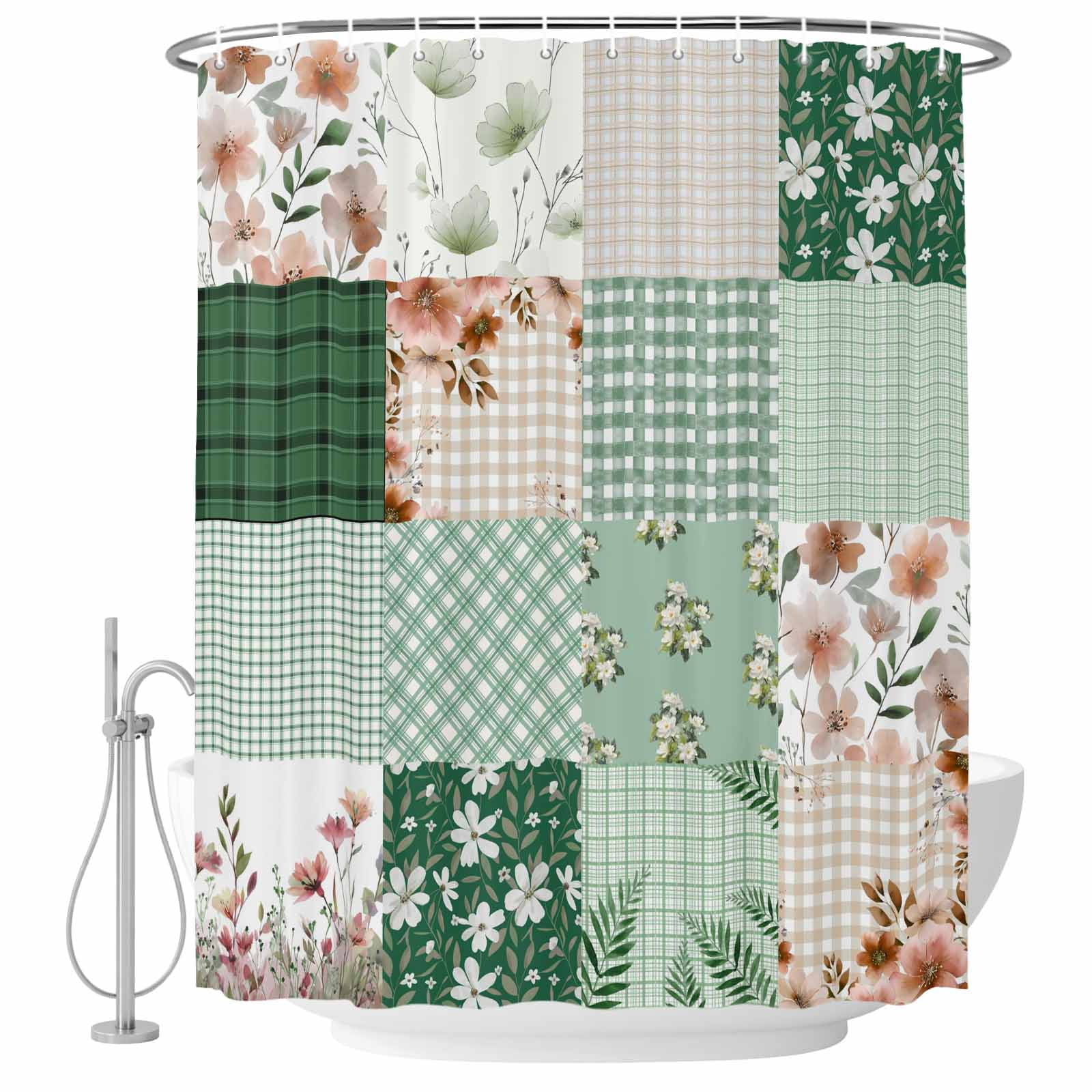 Bohemian Flower Patchwork Shower Curtain Set with Hooks, Spring Vintage ...