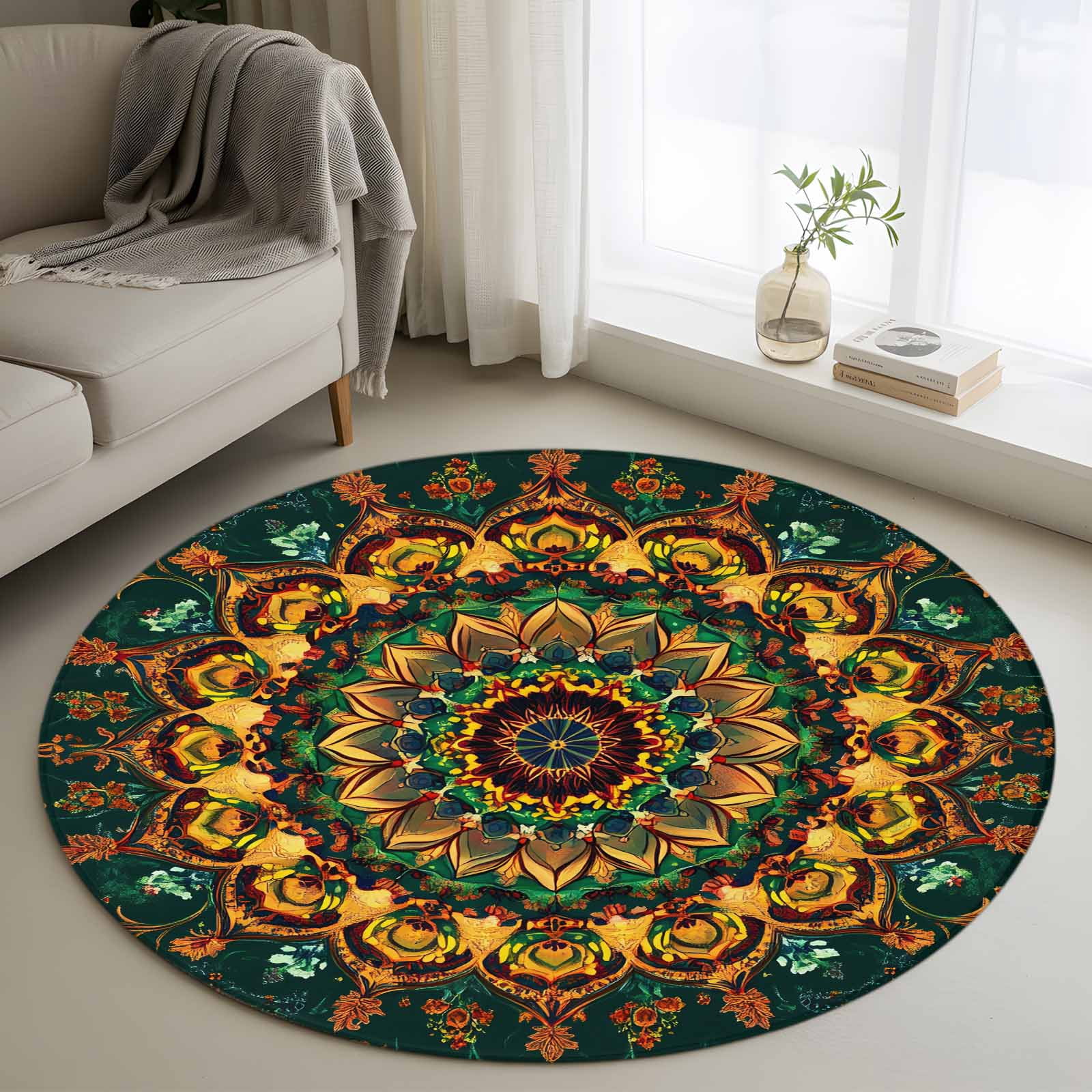 Bohemian Flower Round Area Rug 3 FT, Small Kitchen Bathroom Mats ...