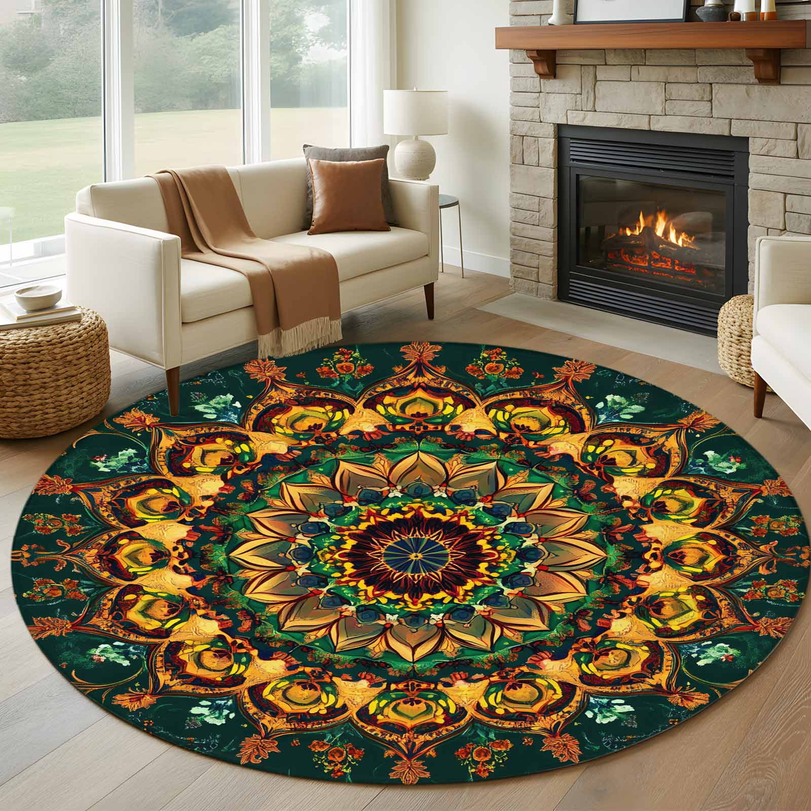 Bohemian Flower Round Area Rug 5 FT, Non Slip Bedroom Rugs, Colorful ...