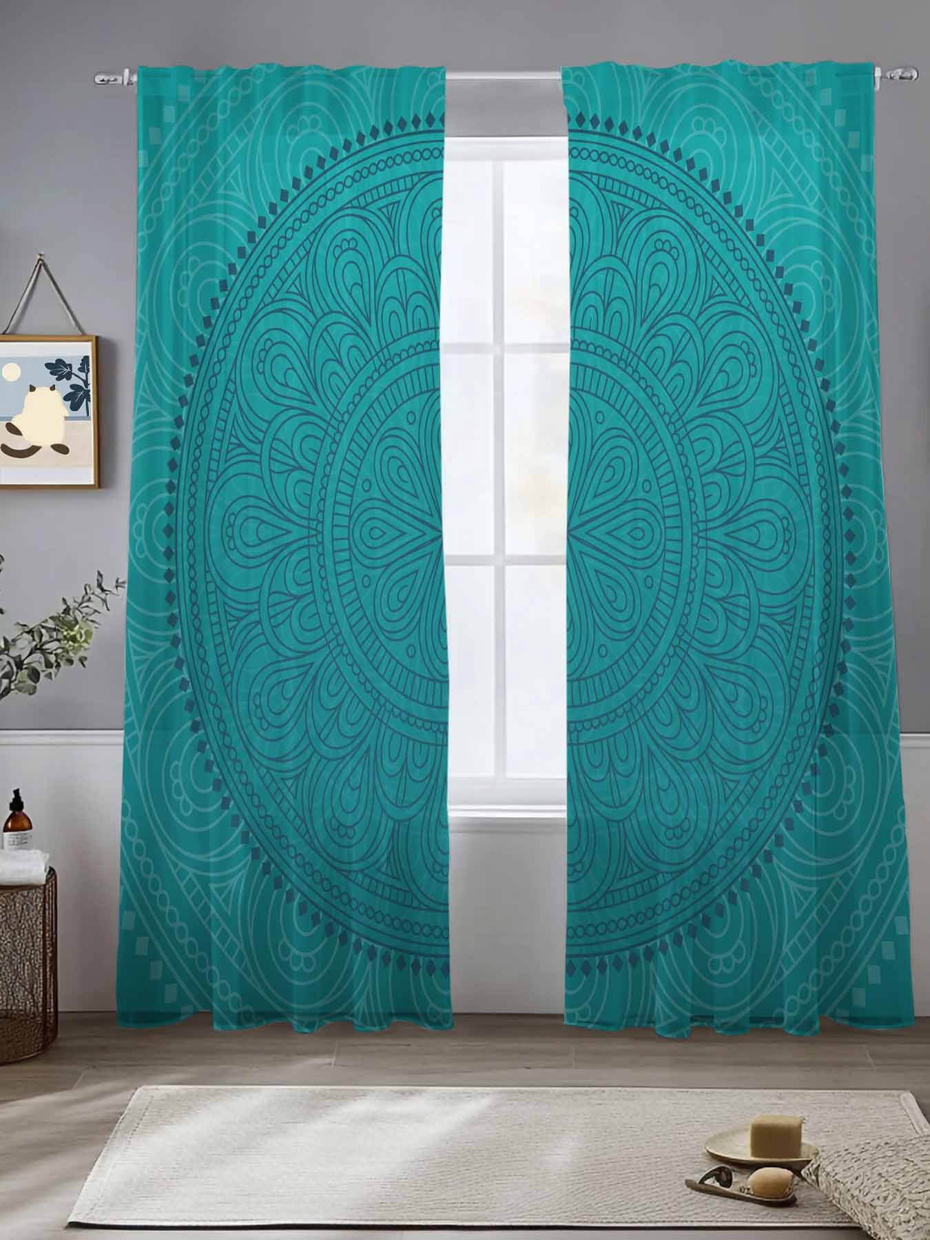 Bohemian Flower on Teal Green Chiffon Sheer Curtains 84 Inches Long ...