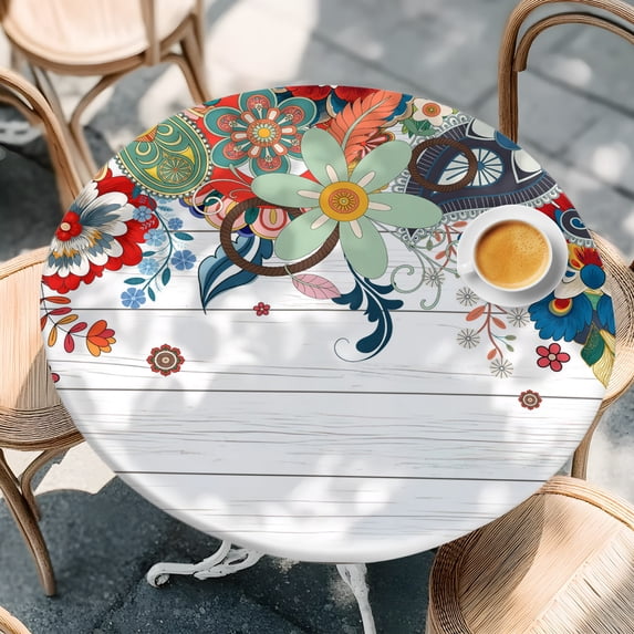 Bohemian Flower on Wood Board Round Fitted Tablecloth with Elastic Edge ...
