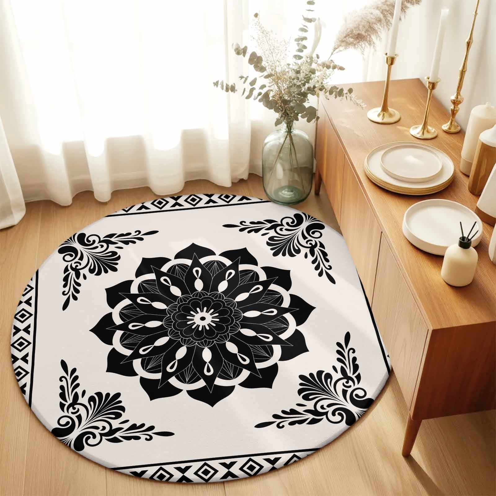 Bohemian Flowers Art Round Rug 3ft Abstract Geometric Art Washable Area ...