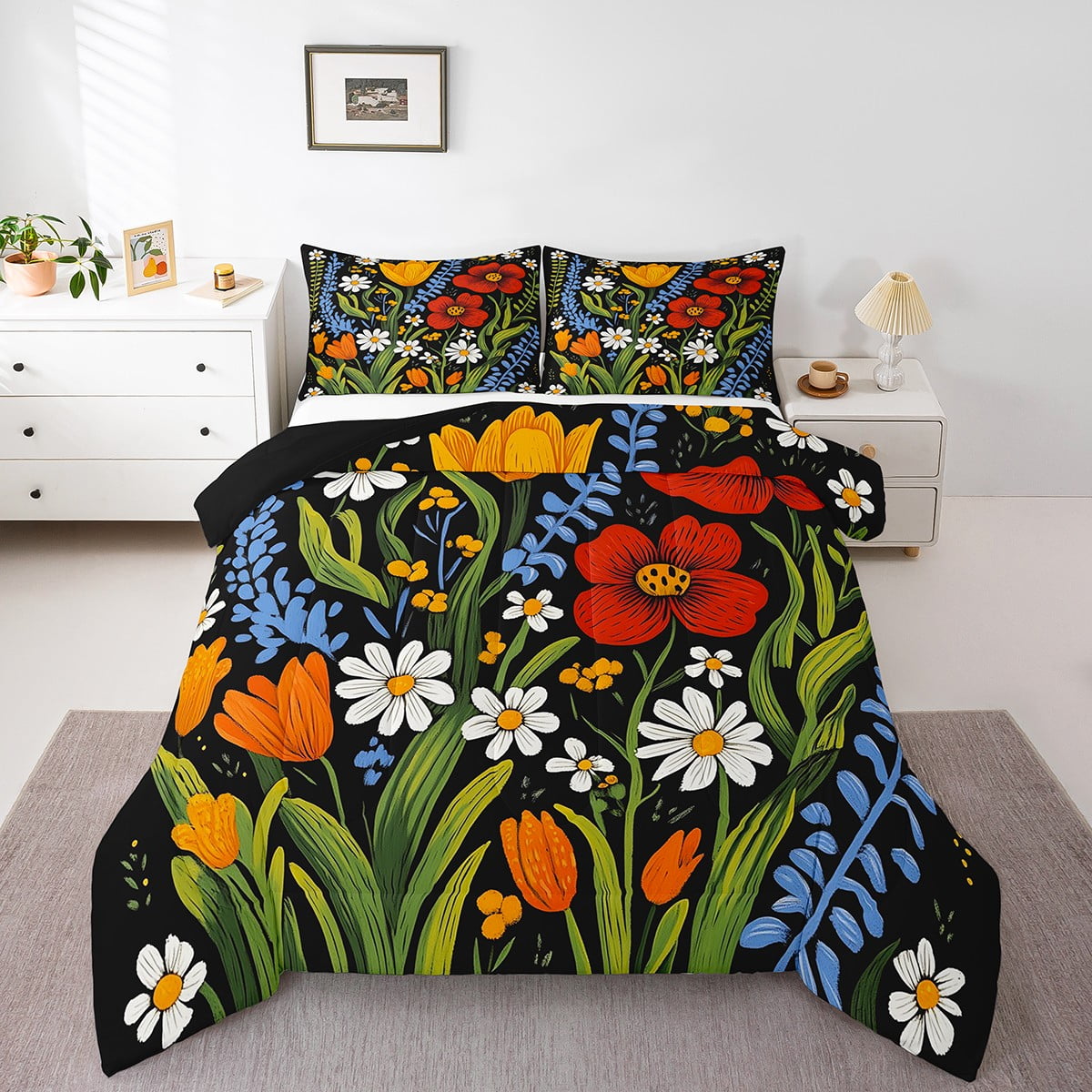 Bohemian Flowers Bedding Sets Woman Red Groovy Floral Twin Comforter Set,Watercolor Botanical ...