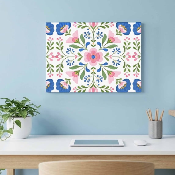 Bohemian Flowers Canvas Wall Art, Country Tribal Abstract Pink Blue ...
