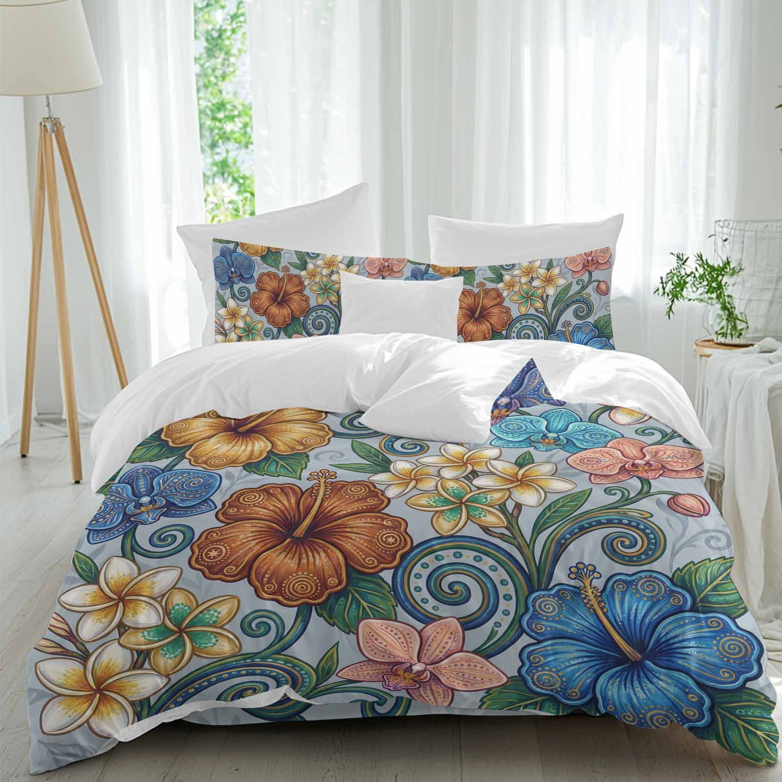 Bohemian Flowers Comforter Set Full Size, Retro Blue Gold Flower Green ...